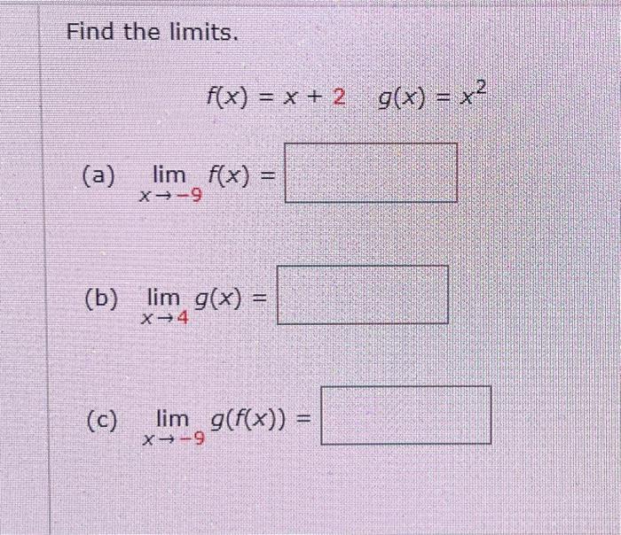 Solved Find the limits. f(x)=x+2g(x)=x2 (a) limx→−9f(x)= (b) | Chegg.com