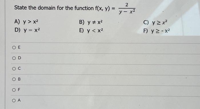 Solved State the domain for the function f(x,y)=y−x22 A) | Chegg.com
