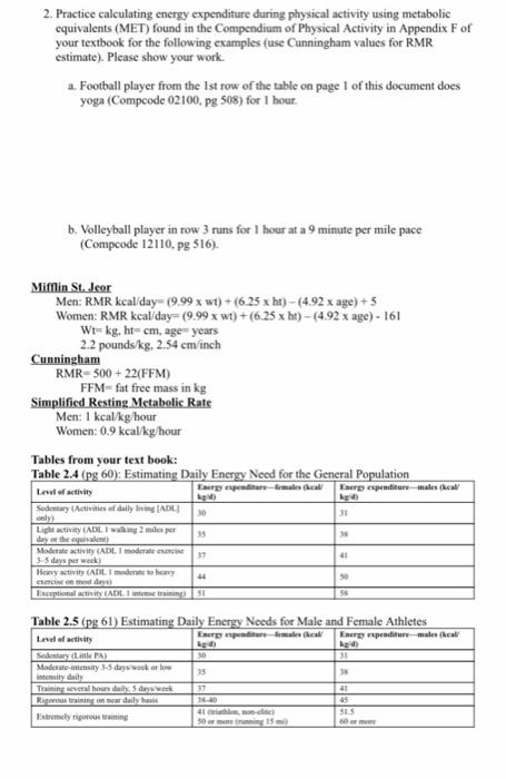 2. Practice calculating energy expenditure during | Chegg.com