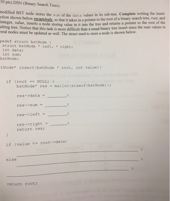 Solved 10 pts) DSN (Binary Search Trees) modified BST node | Chegg.com
