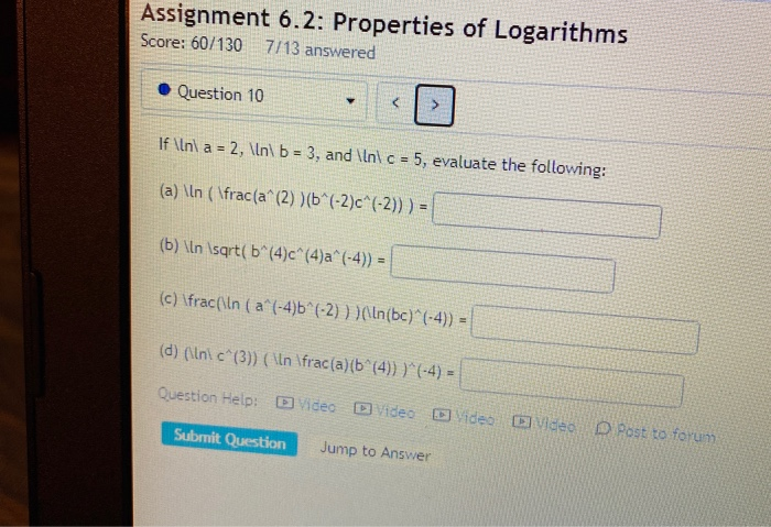 Solved Assignment 6.2: Properties of Logarithms Score: | Chegg.com