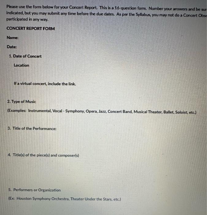 Concert Reports: Students must attend or view two | Chegg.com