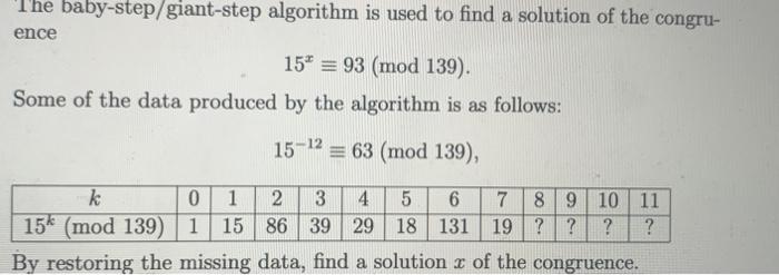 Solved The baby-step/giant-step algorithm is used to find a | Chegg.com