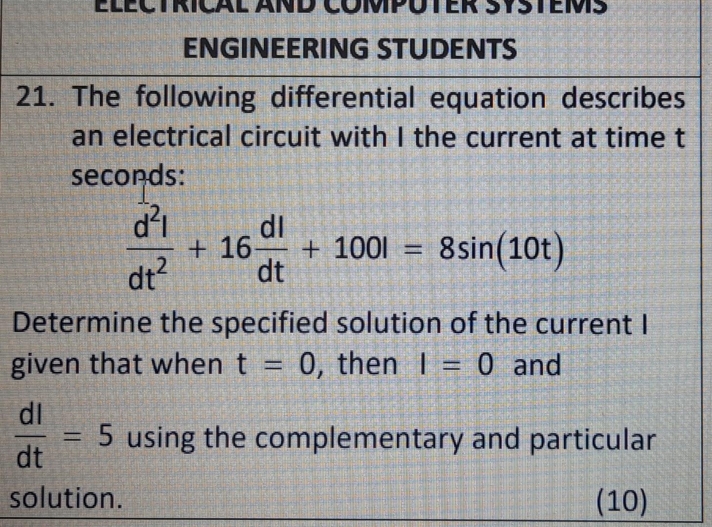 Solved ENGINEERING STUDENTS 21. The following differential | Chegg.com