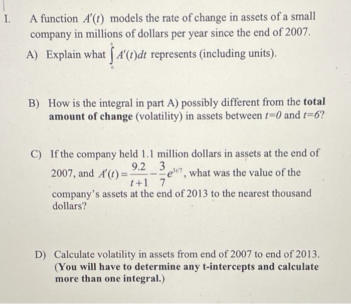 Solved 1. A function A'(t) models the rate of change in | Chegg.com