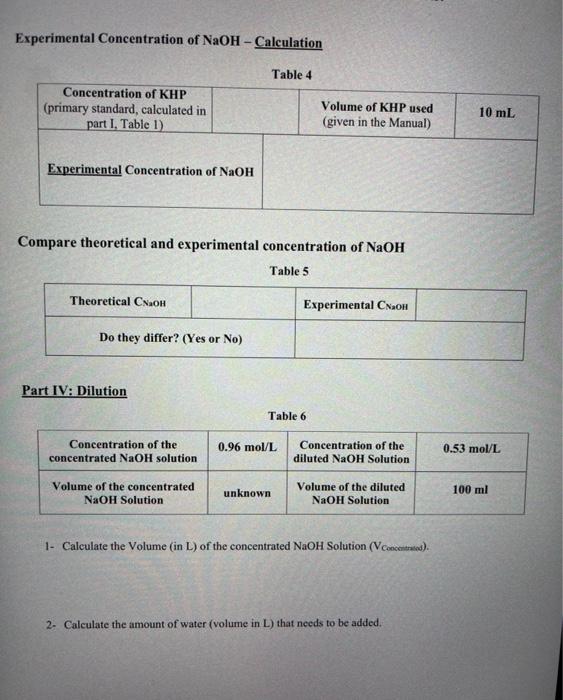 Solved Experimental Concentration of NaOH - Calculation | Chegg.com