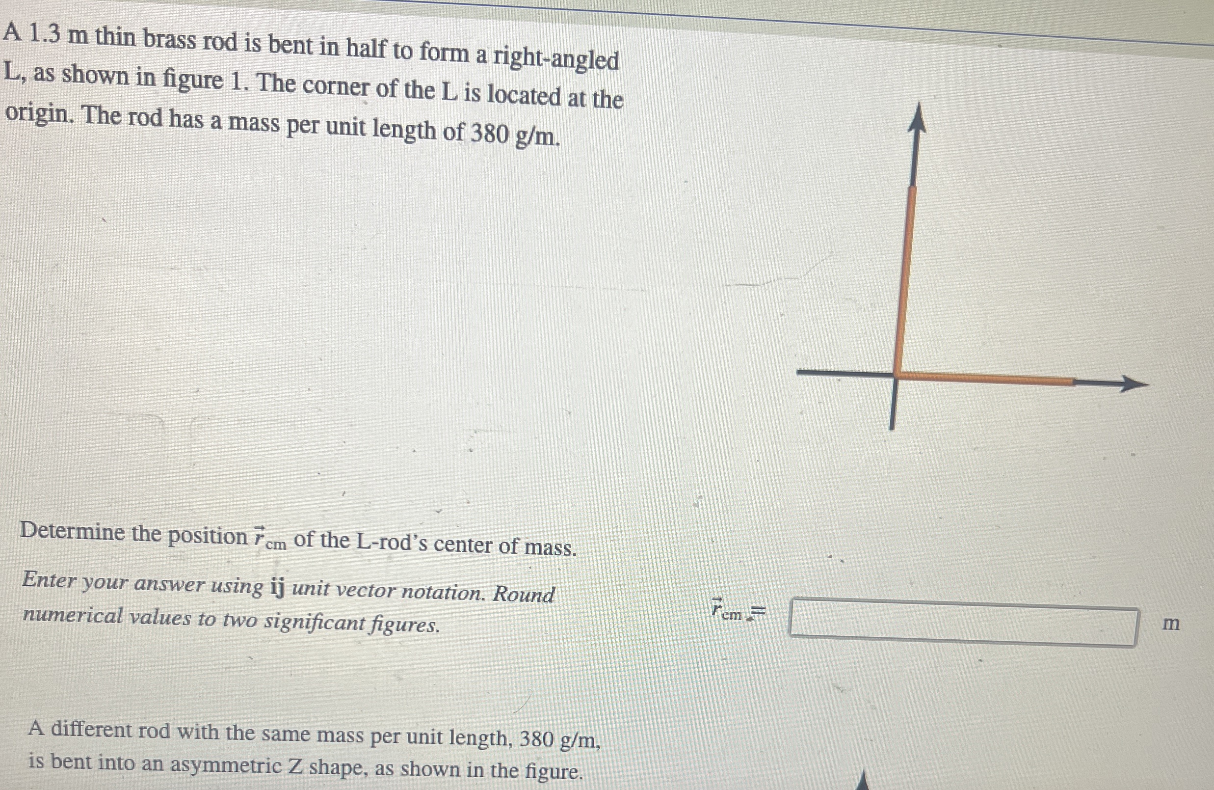 Solved A 1.3 ﻿m thin brass rod is bent in half to form a | Chegg.com