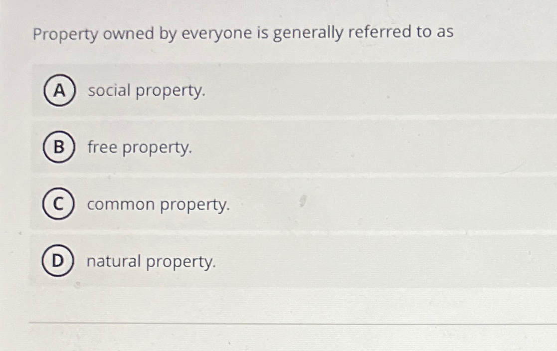 Solved Property owned by everyone is generally referred to | Chegg.com