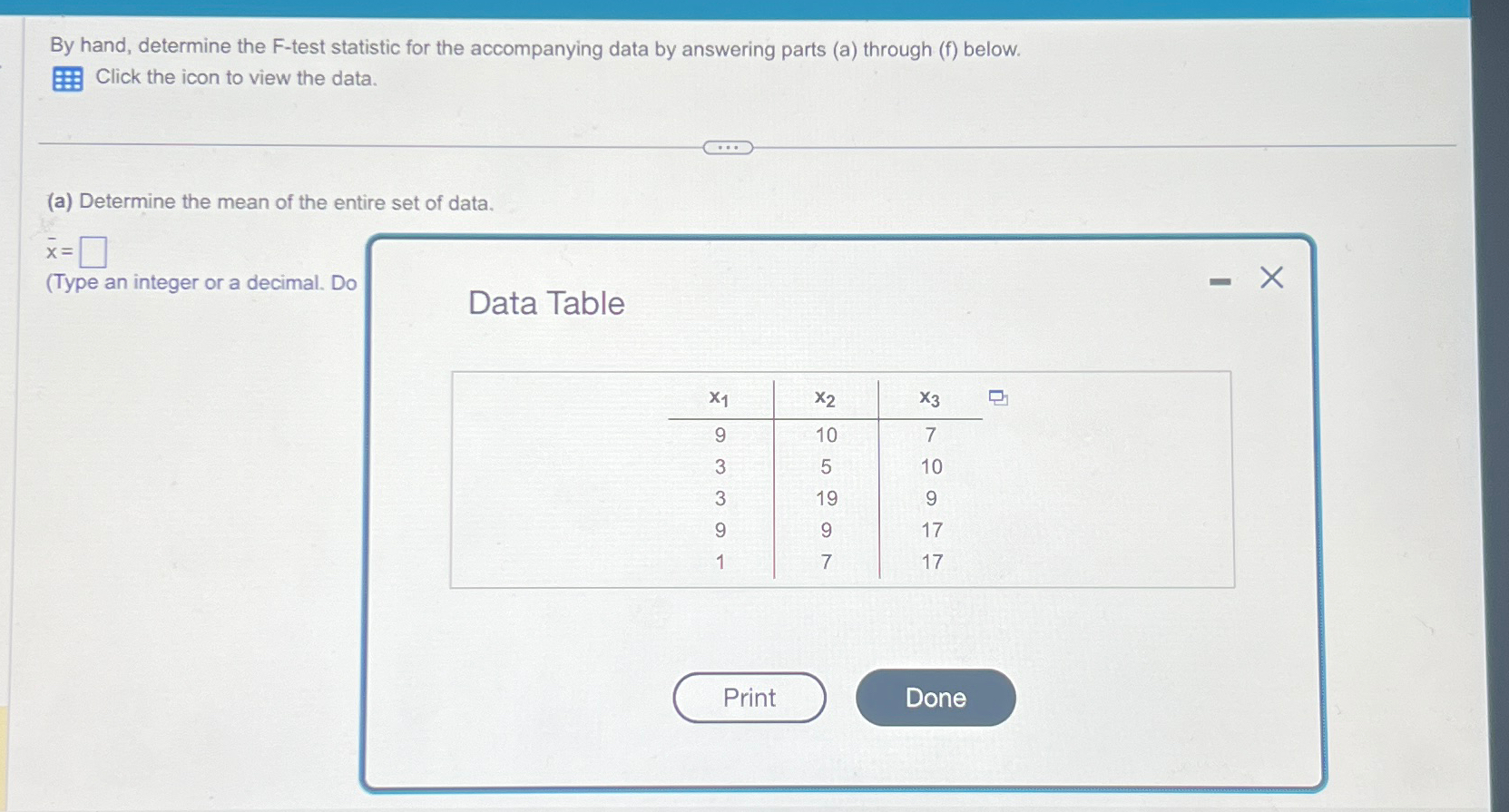 Solved By hand, determine the F-test statistic for the | Chegg.com
