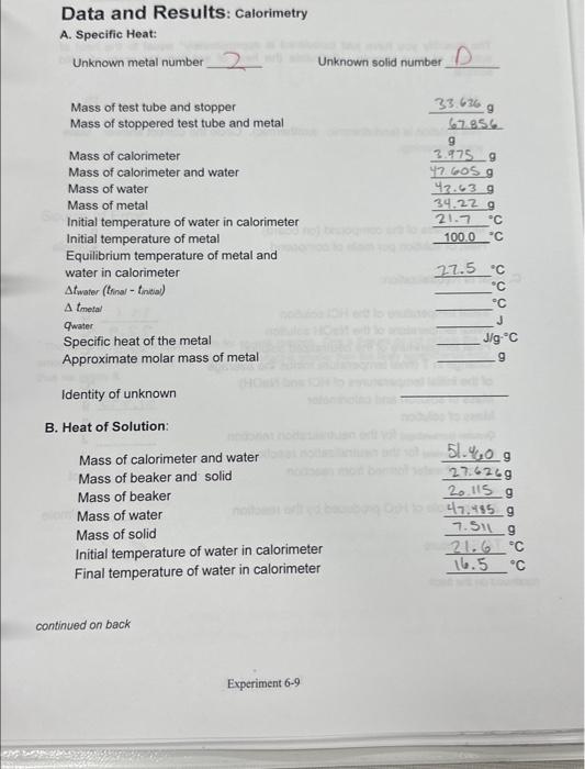 Solved Data and Results: Calorimetry A. Specific Heat: | Chegg.com