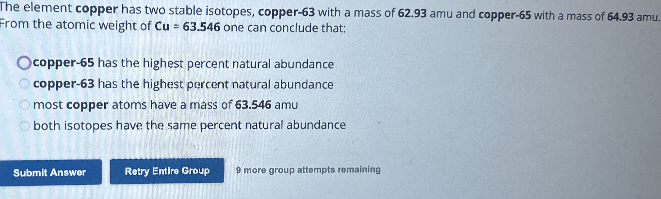 Solved The element copper has two stable isotopes, copper-63 | Chegg.com