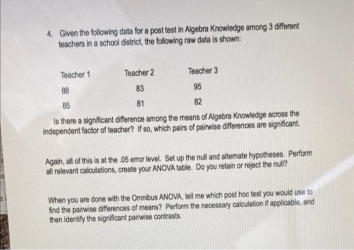 Solved 4. Given the following data for a post test in | Chegg.com