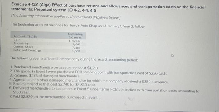 Solved Exercise 4-12A (Algo) Effect of purchase returns and | Chegg.com Solved Exercise 4-12A (Algo) Effect of purchase returns and | Chegg.com