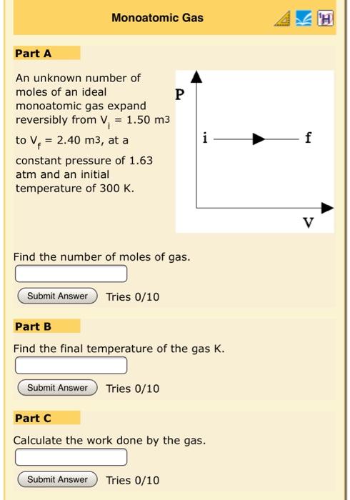 Solved Monoatomic Gas Part A An unknown number of moles of | Chegg.com