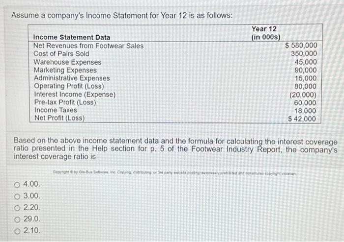 Solved Assume a company's Income Statement for Year 12 is as | Chegg.com