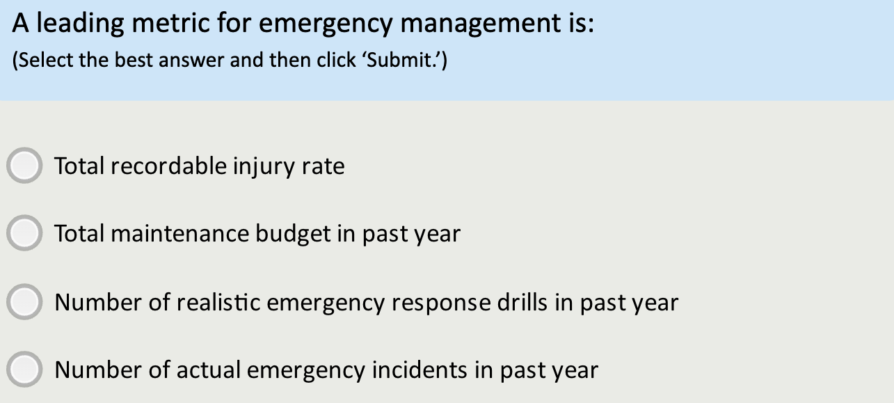 Solved A leading metric for emergency management is:(Select | Chegg.com