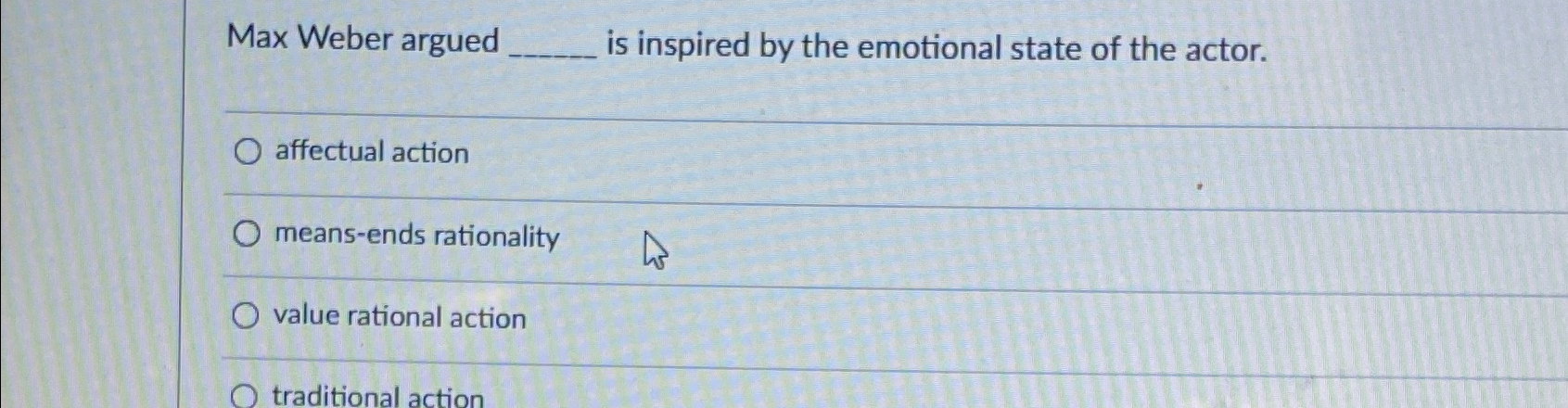 Solved Max Weber argued is inspired by the emotional state | Chegg.com