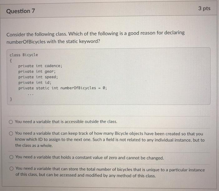 Solved Question 7 3 pts Consider the following class. Which | Chegg.com