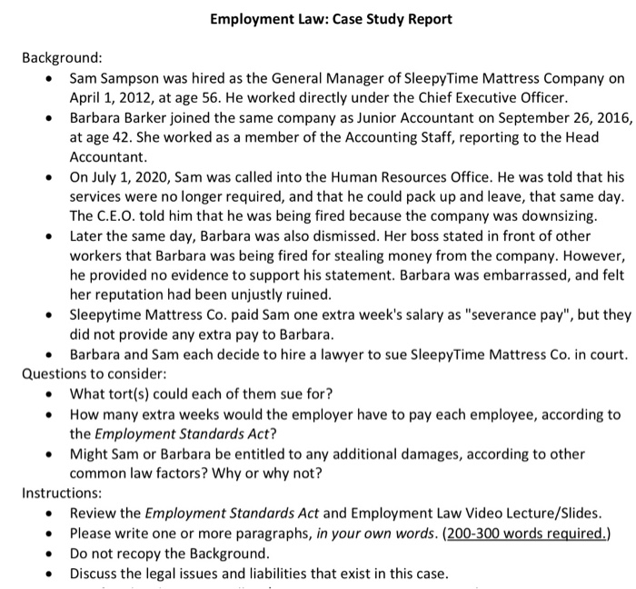 Solved Employment Law: Case Study Report Background: Sam | Chegg.com