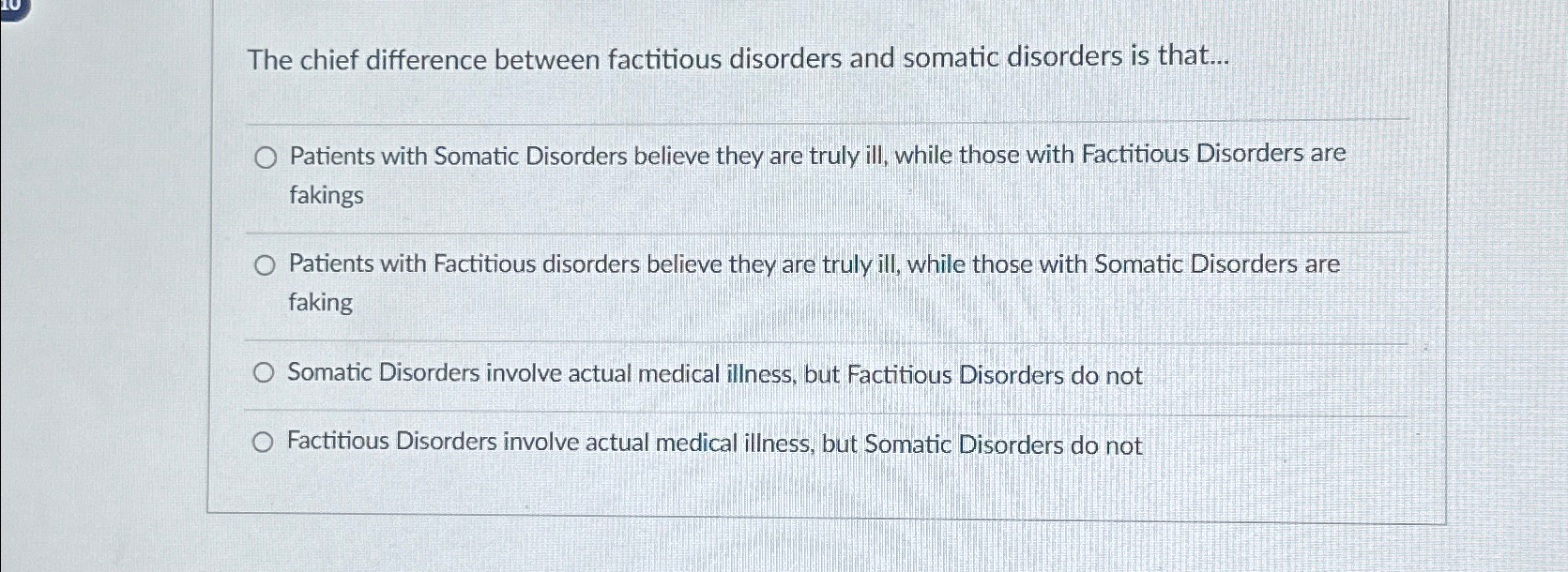 Solved The chief difference between factitious disorders and | Chegg.com