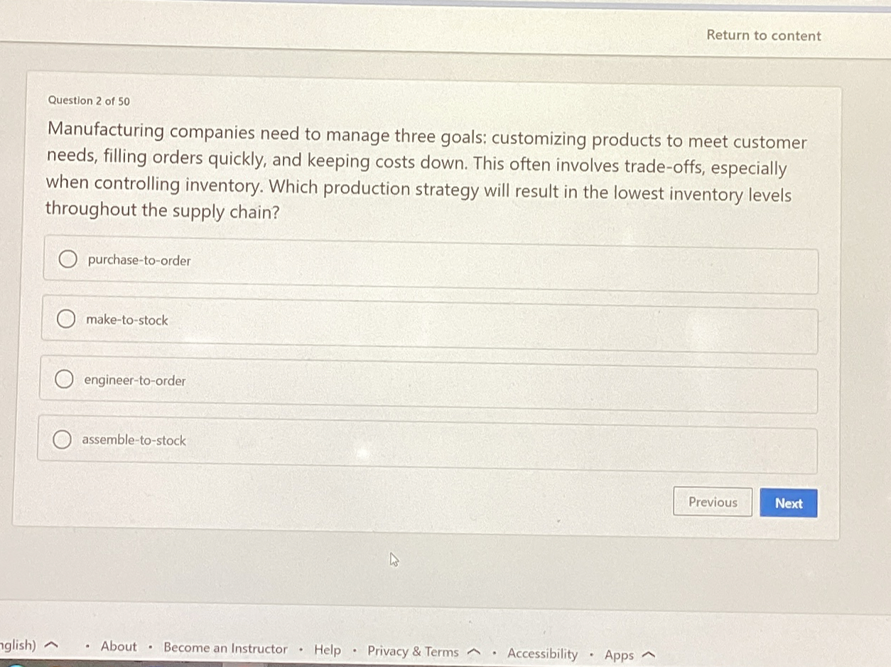 Solved Return to contentQuestion 2 ﻿of 50Manufacturing | Chegg.com