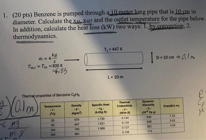 Solved 1. (20 pts) Benzene is pumped through a 10 meter long | Chegg.com