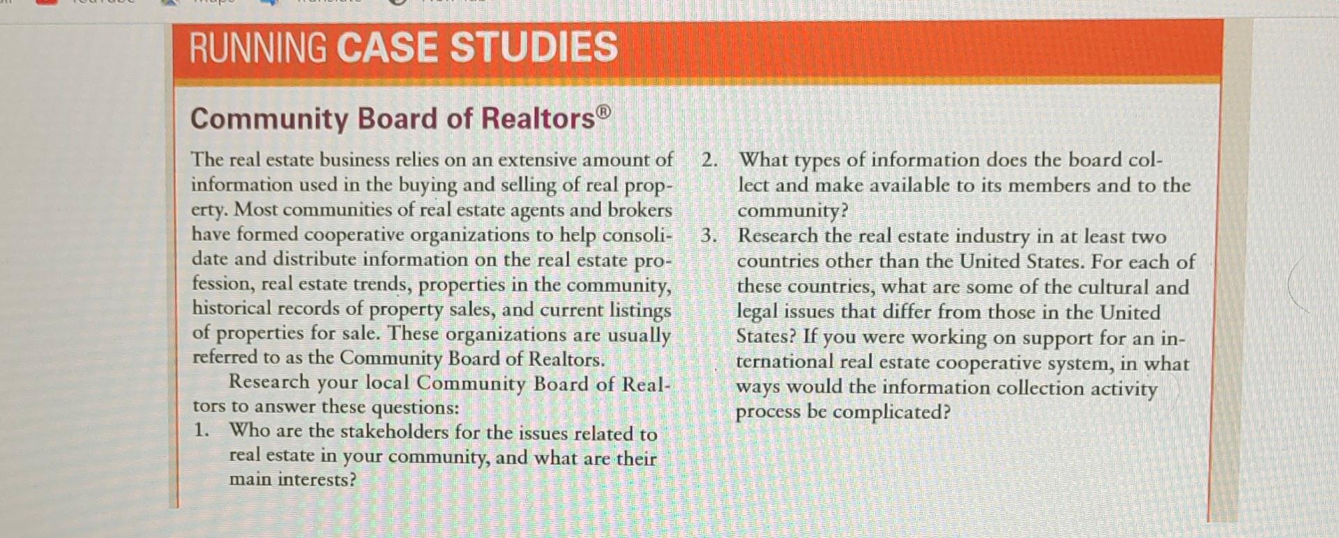 RUNNING CASE STUDIES Community Board of Realtors ® | Chegg.com