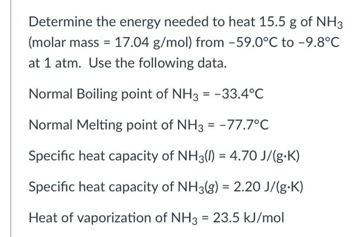 Solved Determine the energy needed to heat 15.5 g of NH3 | Chegg.com