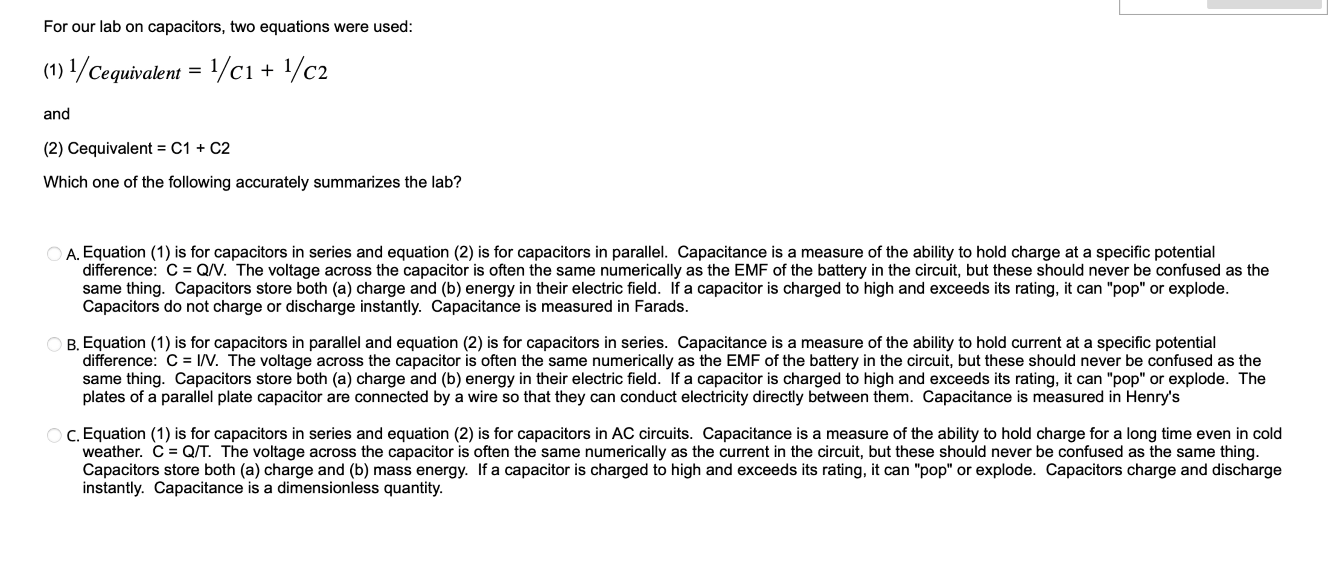 Solved quantity.For our lab on capacitors, two equations | Chegg.com