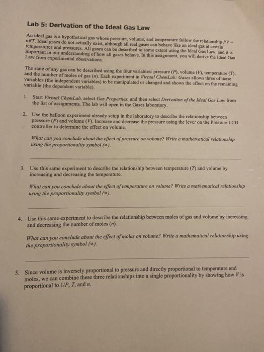 Solved Lab 5: Derivation of the Ideal Gas Law An ideal gas | Chegg.com