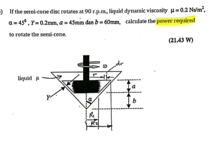 Solved - If the semi-cone disc rotates at 90 r.p.m., liquid | Chegg.com