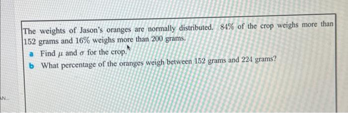 Solved The weights of Jason's oranges are normally | Chegg.com