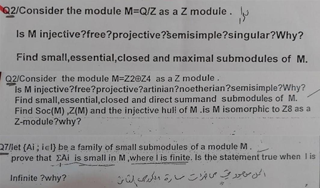 Solved Q2/Consider the module M=QIZ as a Z module. ترا Is M | Chegg.com