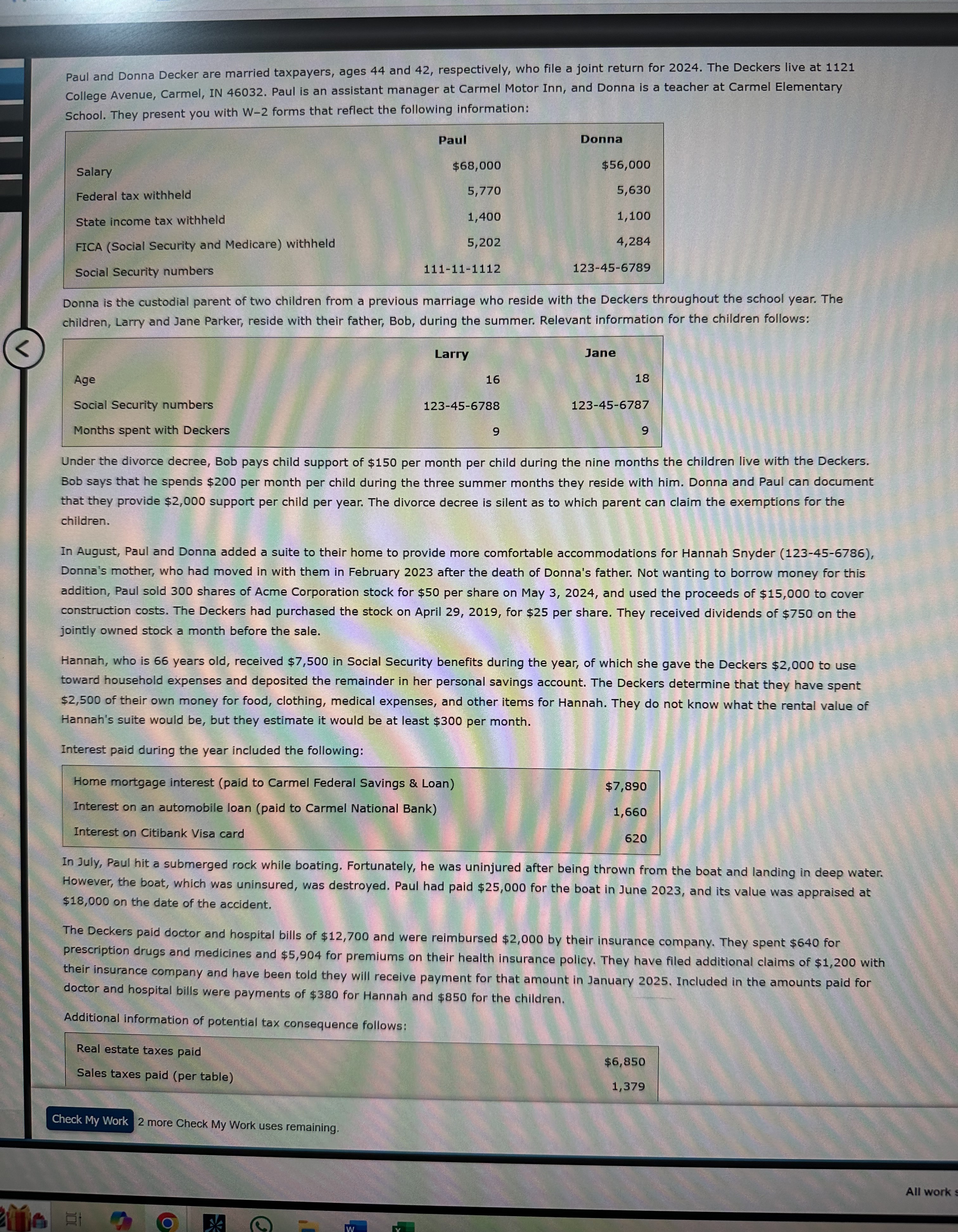 Solved Paul and Donna Decker are married taxpayers, ages 44 | Chegg.com