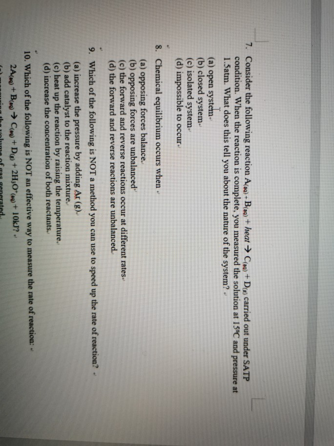 Solved 7. Consider the following reaction Aſsa) +B(aa) + | Chegg.com