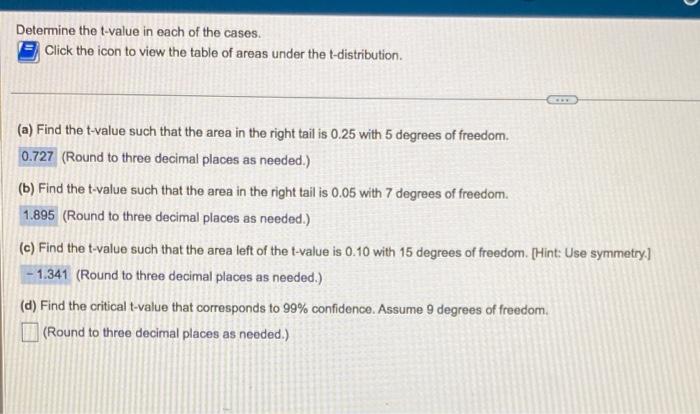 Solved Determine the t-value in each of the cases. Click the | Chegg.com