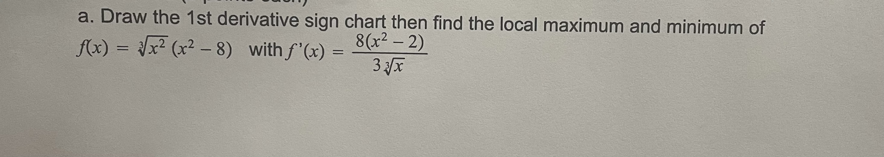 Solved a. ﻿Draw the 1 ﻿st derivative sign chart then find | Chegg.com