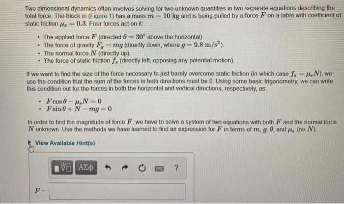 Solved Two dimensional dynamics often involves solving for | Chegg.com