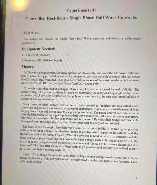 Solved Experiment (4) Controlled Rectifiers - Single Phase | Chegg.com