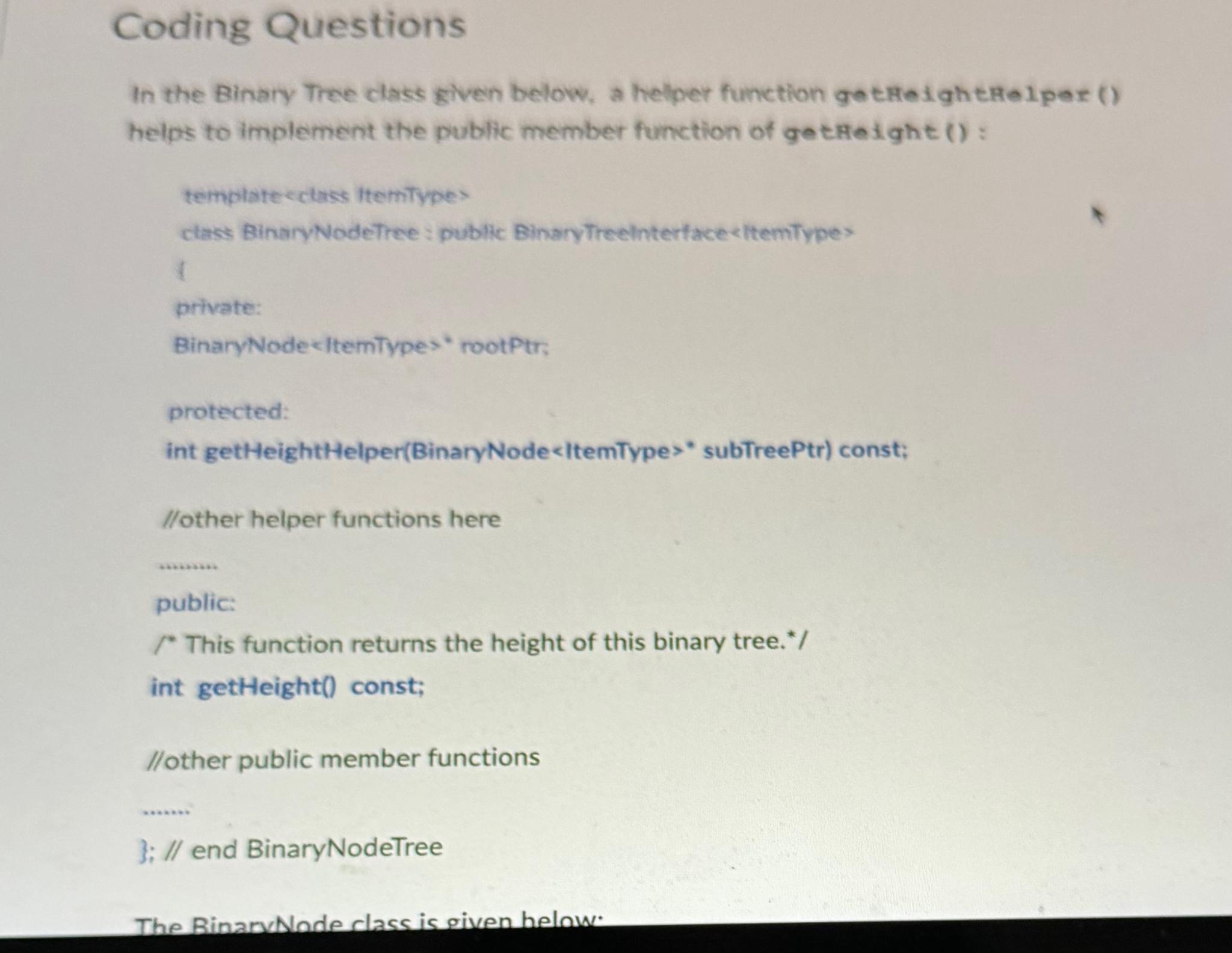 Solved Coding Questionsin The Binary Tree Class Given Below
