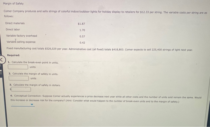 Solved Margin of Safety Comer Company produces and sells | Chegg.com