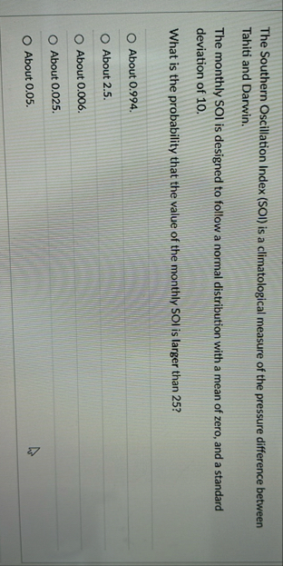 Solved The Southern Oscillation Index (SOI) ﻿is a | Chegg.com