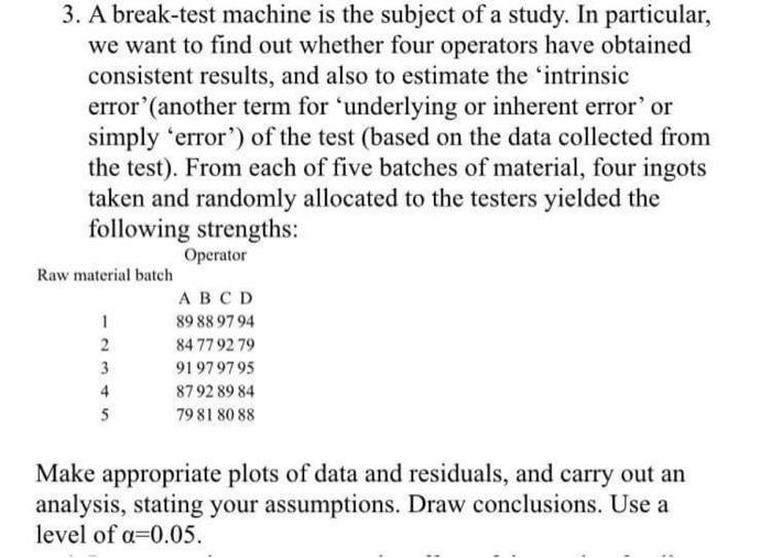 Solved 3. A break-test machine is the subject of a study. In | Chegg.com