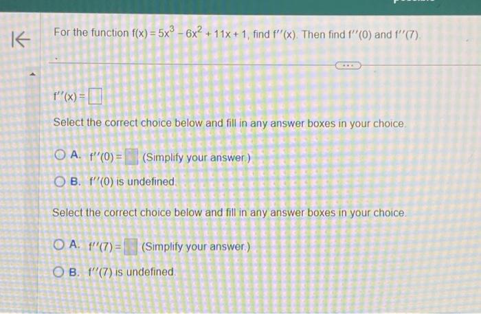 Solved For the function f(x)=5x3−6x2+11x+1, find f′′(x). | Chegg.com