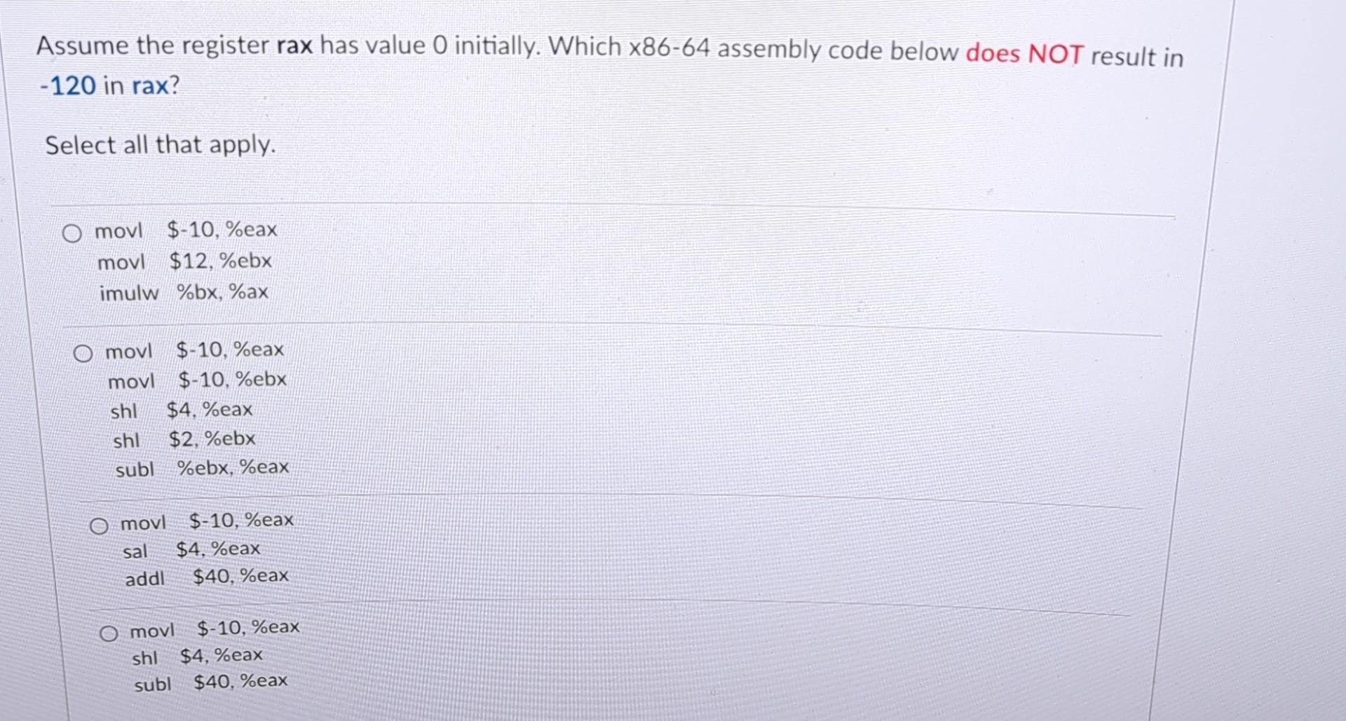 Solved Assume the register rax has value 0 initially. Which | Chegg.com