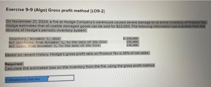 Solved Exercise 9-9 (Algo) Gross profit method [LO9-2] On | Chegg.com