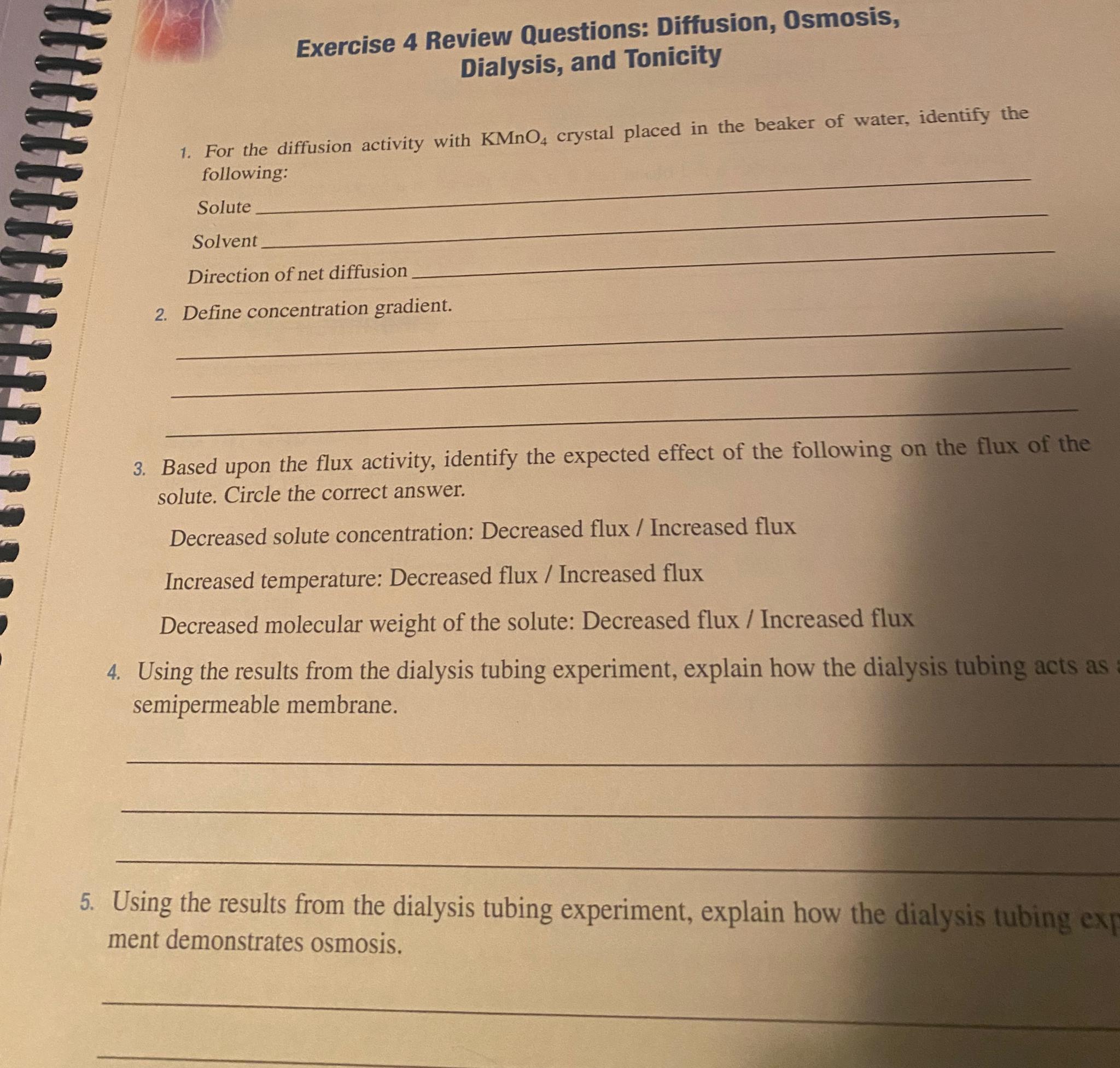 Solved Exercise 4 ﻿Review Questions: Diffusion, Osmosis, | Chegg.com