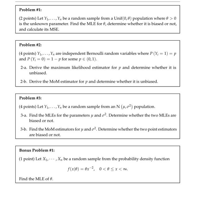 Solved Problem \#1: (2 points) Let Y1,…,Yn be a random | Chegg.com