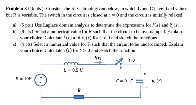 Solved Problem 3 ( 15 ﻿pts.): Consider the RLC circuit given | Chegg.com