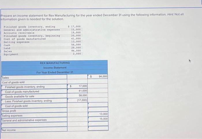 Solved repare an income statement for Rex Manufacturing for | Chegg.com